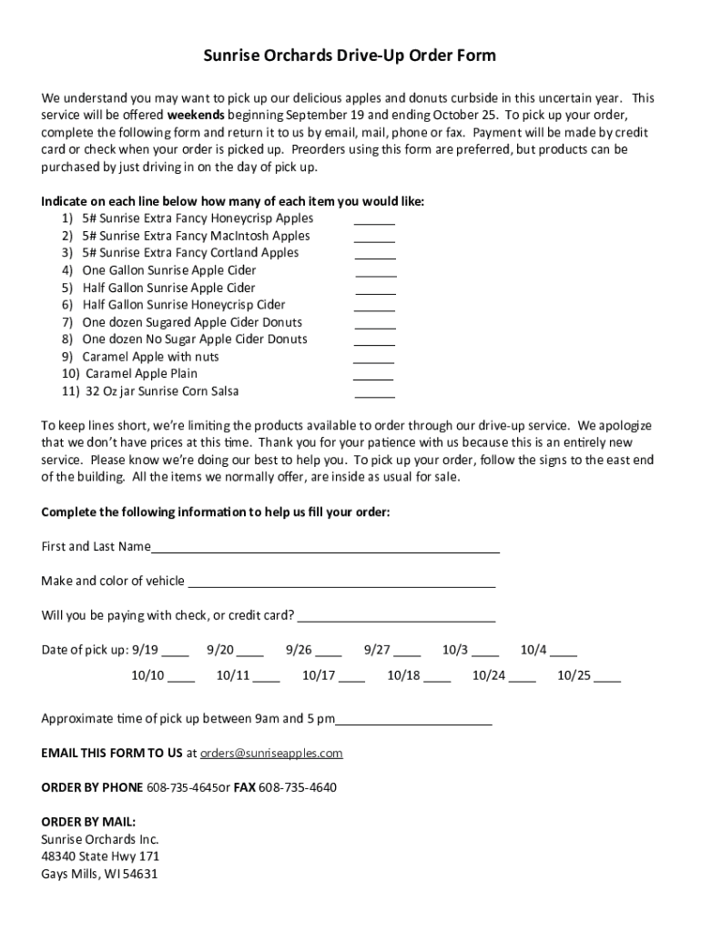 Fillable Online Sunrise Orchards Drive-Up Order Form Fax Email Print ...