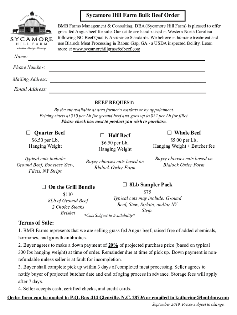 Fillable Online Sycamore Hill Bulk Beef Order Form - Grass Feed Beef ...