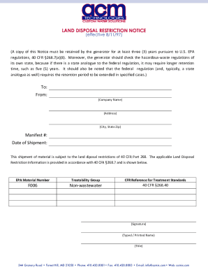 Fillable Online LAND DISPOSAL RESTRICTION NOTICE (effective 8/11/97 ...