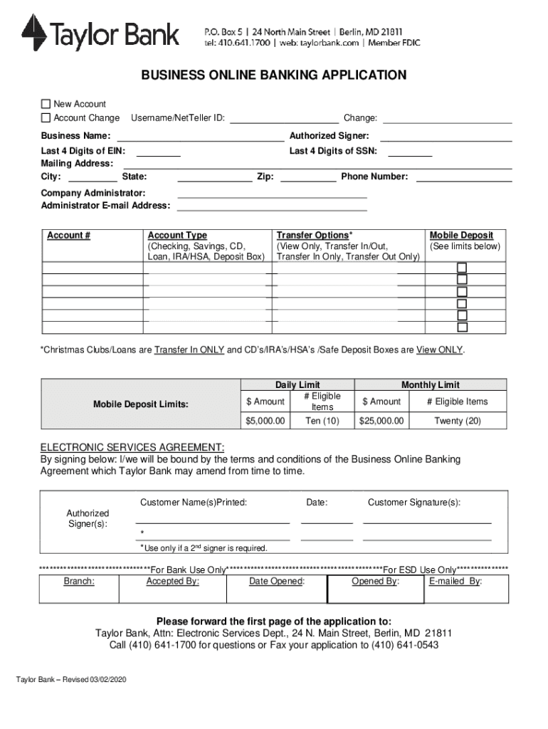 Fillable Online BUSINESS ONLINE BANKING APPLICATION - Taylor Bank Fax Email Print - pdfFiller