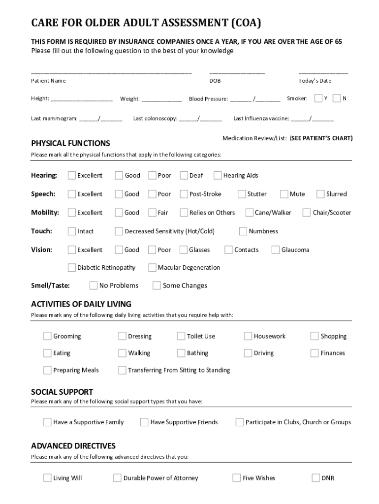 Fillable Online Care for Older Adult (COA) AssessmentPROVIDER RESOURCE ...