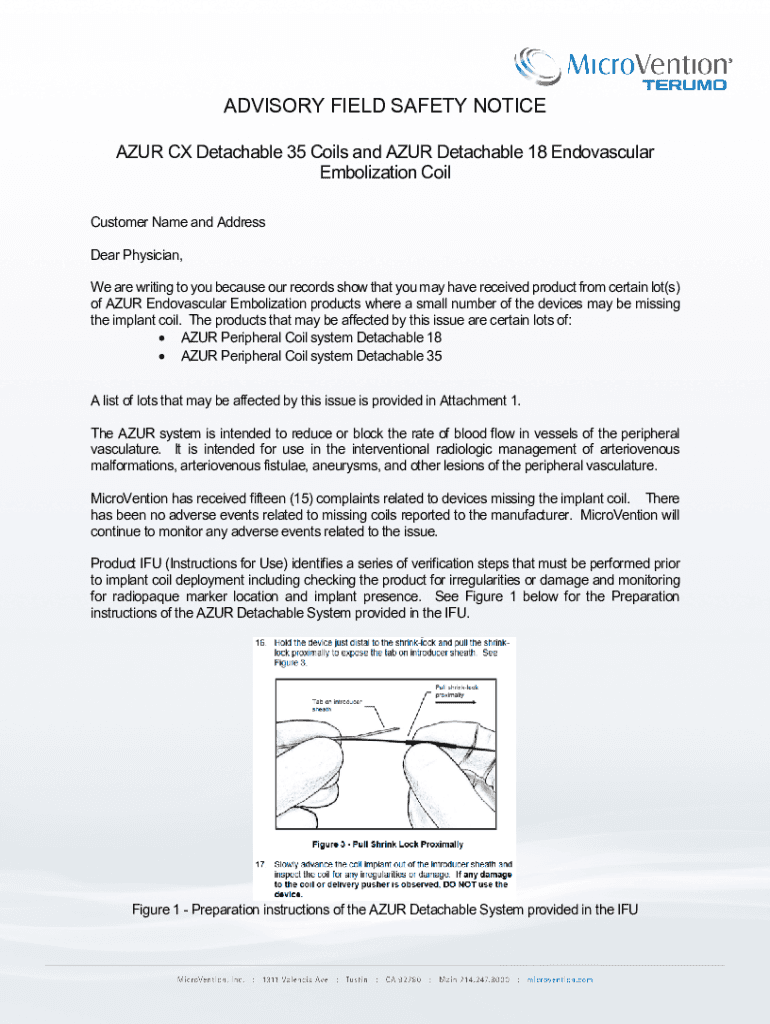 Fillable Online ADVISORY FIELD SAFETY NOTICE - AZUR CX Detachable 35 ...
