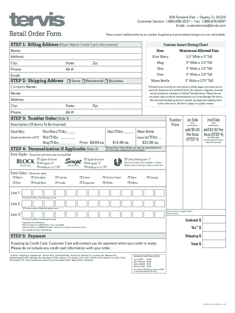 Fillable Online Retail Order Form - Tervis Fax Email Print - pdfFiller