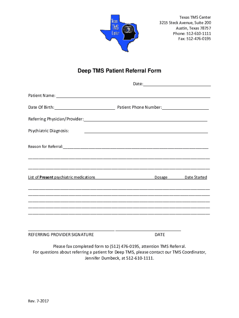 Fillable Online Deep TMS Patient Referral Form - texastmscenter.com Fax ...