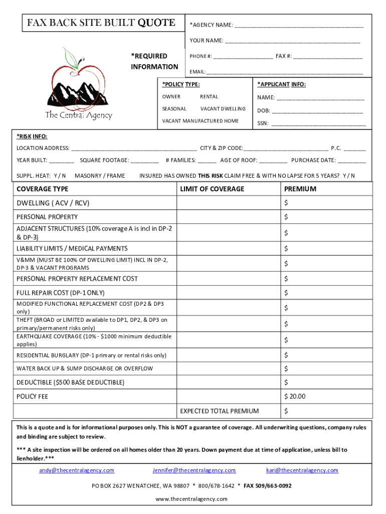 Fillable Online FORM Fax Back Quote SB 072319 Fax Email Print - pdfFiller