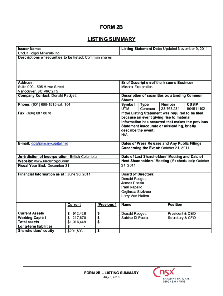 Fillable Online Form 2B - Listing Summary-WATLAW-527131-v2.DOC Fax ...