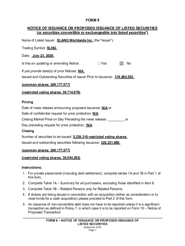 Fillable Online SLNG CSE Form 9 - Notice of Issuance of Securities ...