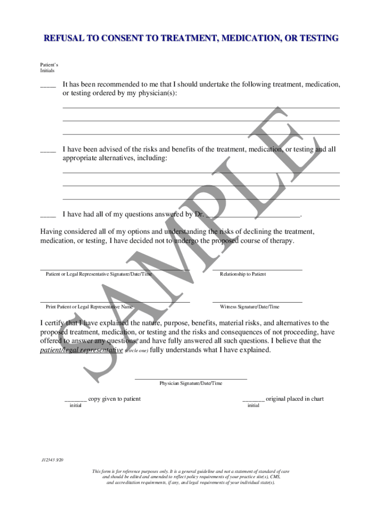 Fillable Online Refusal to Consent to Treatment, Medication or Testing ...