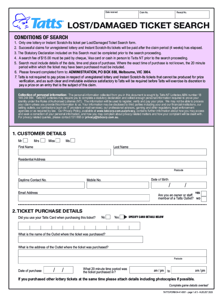 Fillable Online Date received Claim No. Receipt No. LOST / DAMAGED ...