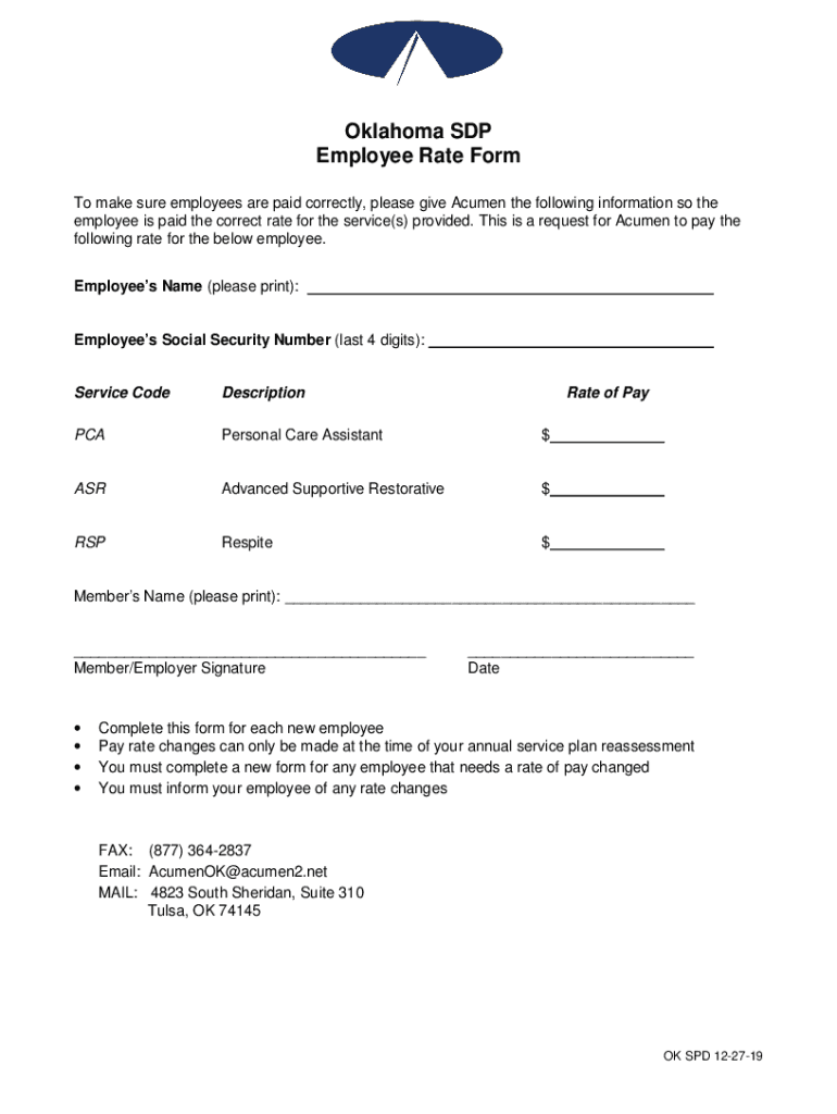 Fillable Online OK SDP Employee Rate Form 122719 - Acumen Fiscal Agent ...