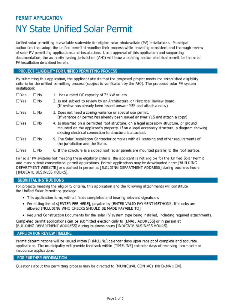 Fillable Online PERMIT APPLICATION NY State Unified Solar Permit ...