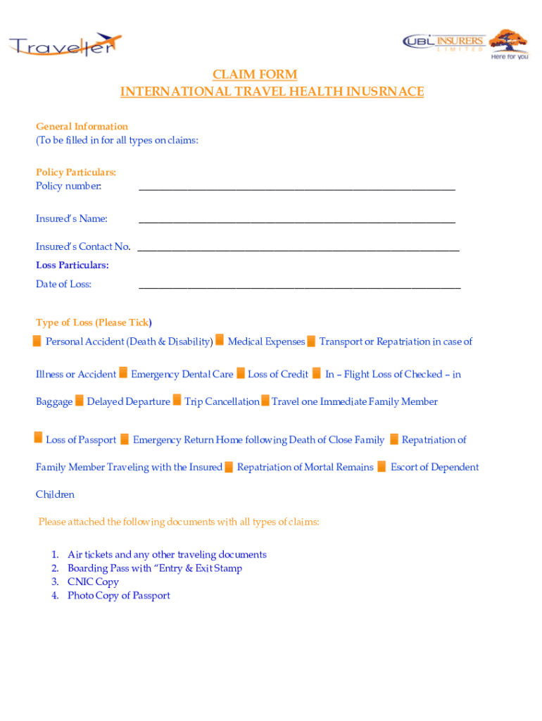 Fillable Online CLAIM FORM INTERNATIONAL TRAVEL HEALTH ...