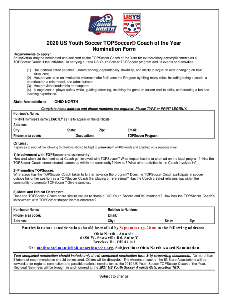 Fillable Online 2020 US Youth Soccer TOPSoccer Coach of the Year ...