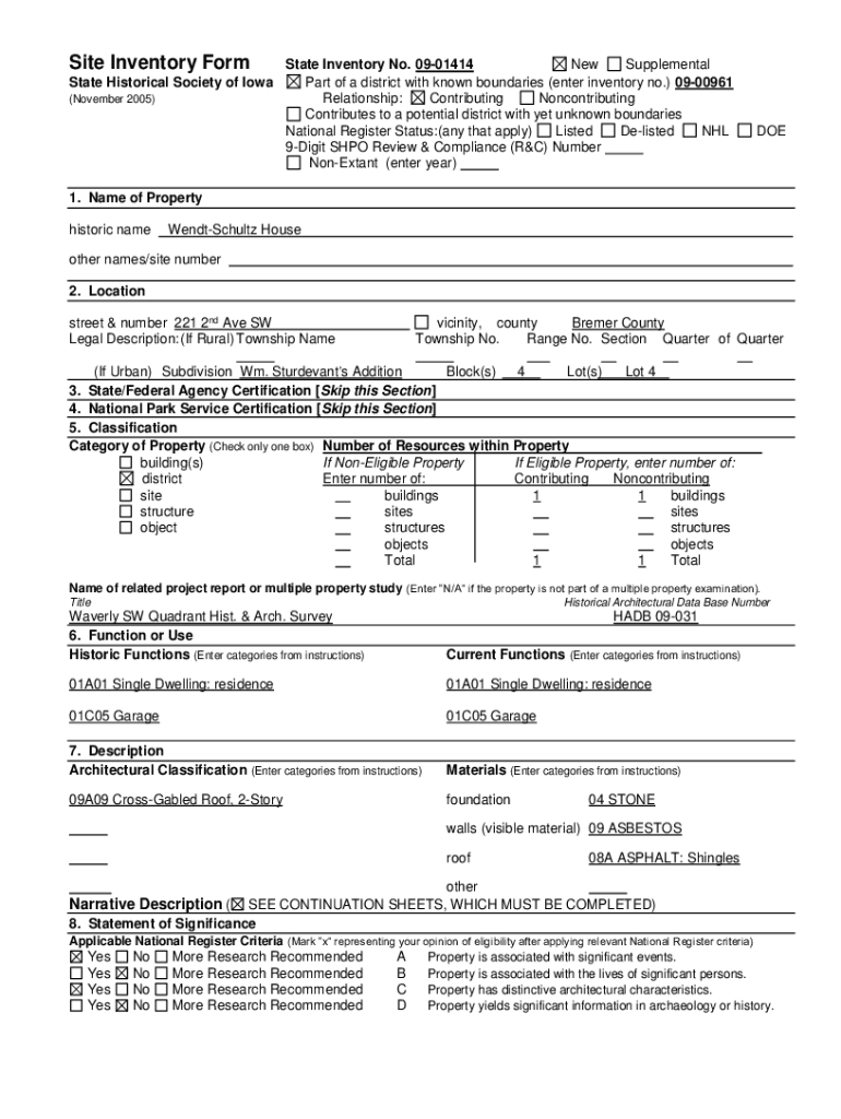 Fillable Online Site Inventory Form State Inventory No. 92-00567 State ...