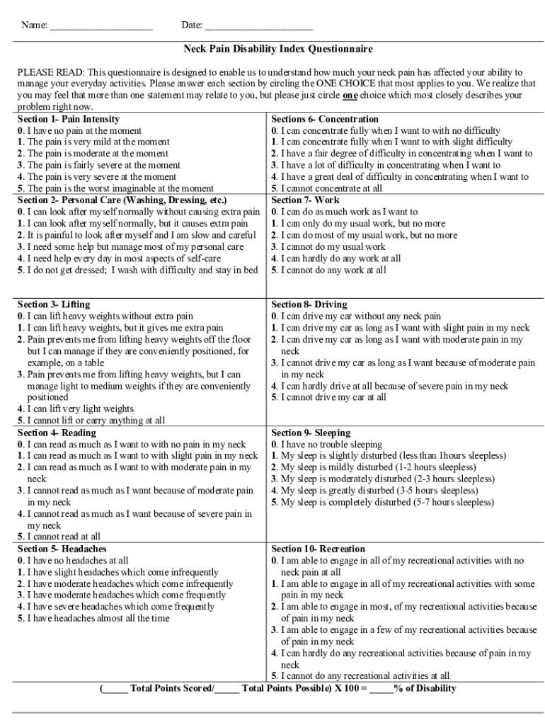 Fillable Online Wellspring Physical Therapy - Neck Pain Disability ...