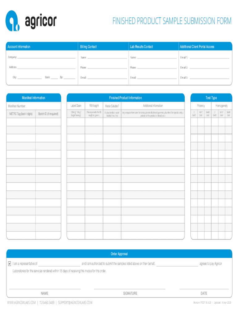 Fillable Online FINISHED PRODUCT SAMPLE SUBMISSION FORM - Agricor ...
