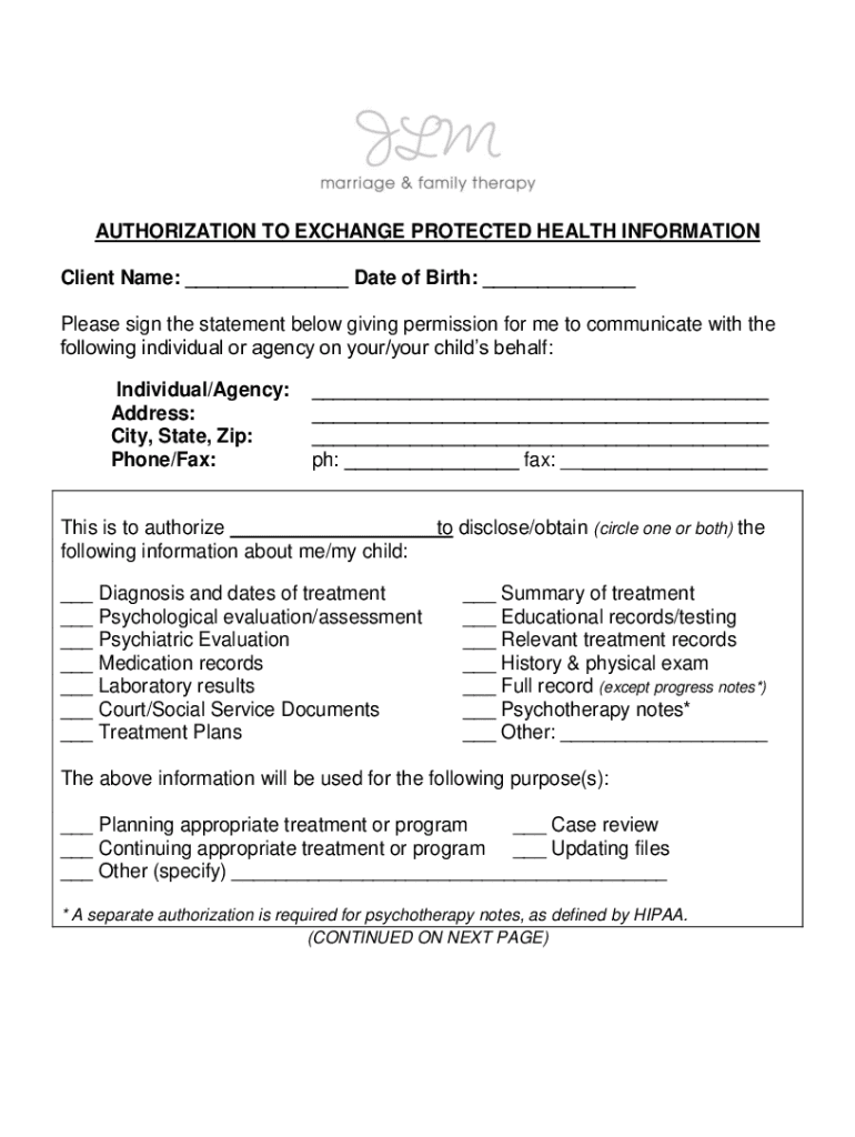 Fillable Online AUTHORIZATION TO EXCHANGE PROTECTED HEALTH INFORMATION ...