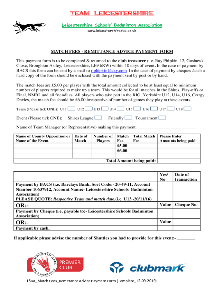 Fillable Online MATCH FEES - REMITTANCE ADVICE PAYMENT FORM Fax Email ...