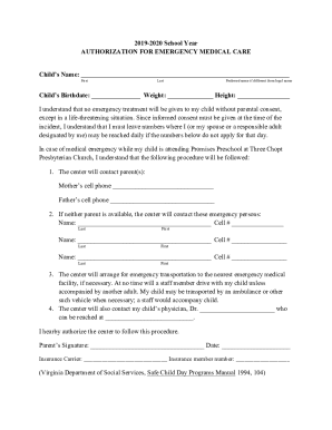 Fillable Online Authorization for Emergency Medical Care Form 2019-2020 ...