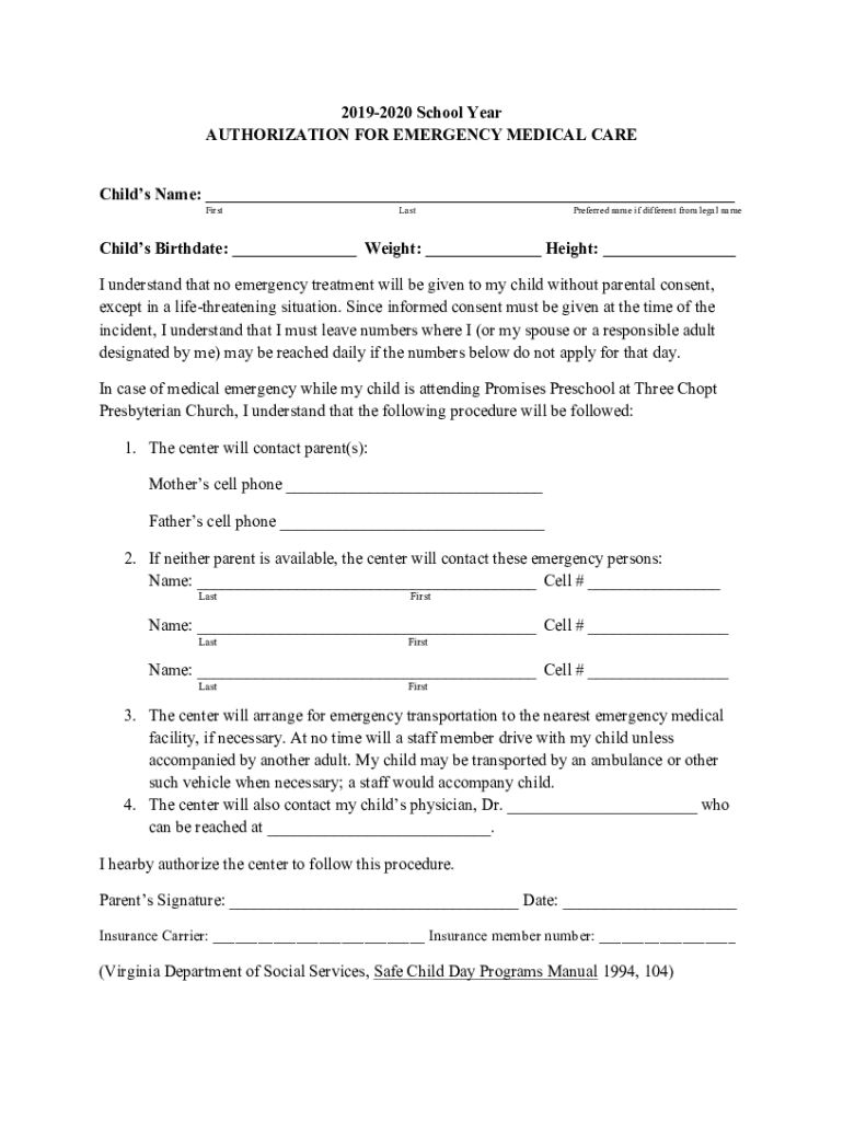 Fillable Online Authorization for Emergency Medical Care Form 2019-2020 ...