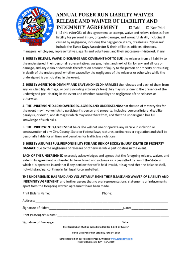 Fillable Online Poker Run Enrollment And Release Form Fax Email Print ...