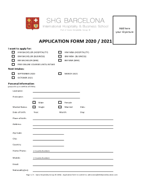 Fillable Online Application Form 2020 2021 at SHG BARCELONA Fax Email ...