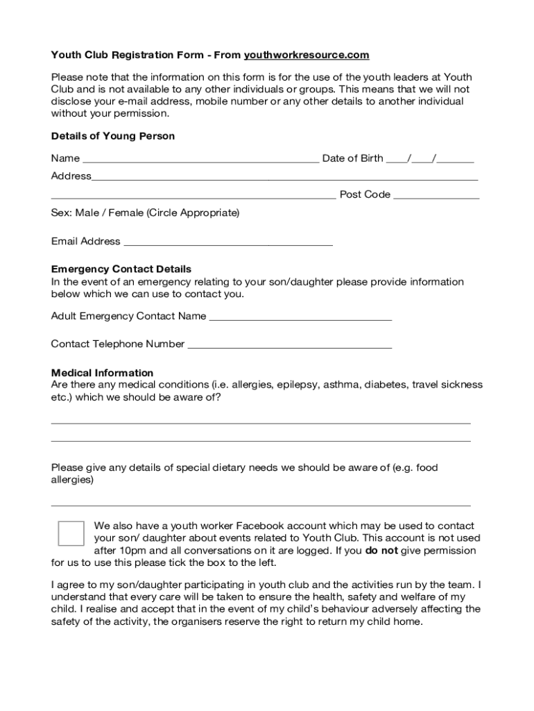 Fillable Online PDF Sample Registration Form For Youth Club Fax Email ...