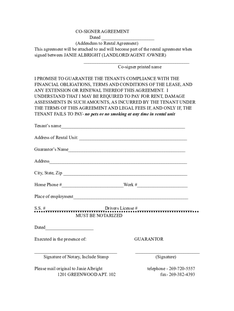 Fillable Online Co-Signer Addendum Template: Rent Protection With One ...