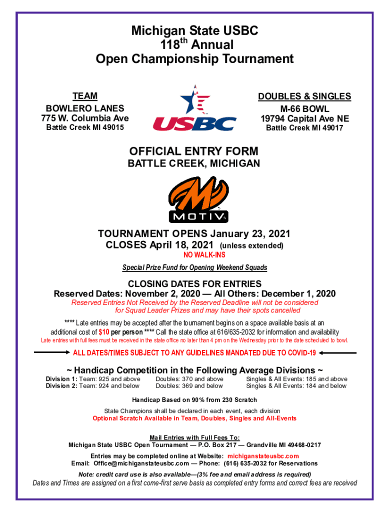 Fillable Online 20 2 1 OFFICIAL ENTRY FORM Westland - Michigan State ...