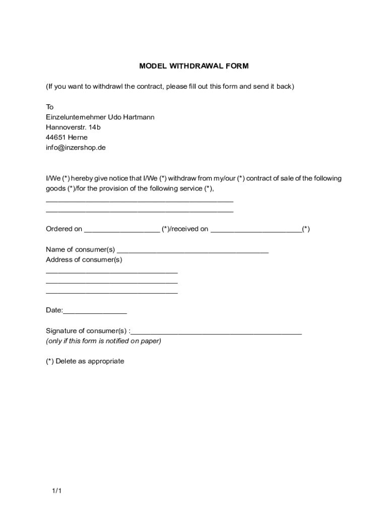 Fillable Online MODEL FORM 1 MODEL INSTRUCTIONS ON WITHDRAWAL Fax Email ...