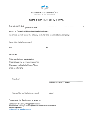 Fillable Online CONFIRMATION OF ARRIVAL - Hochschule Osnabrck Fax Email ...