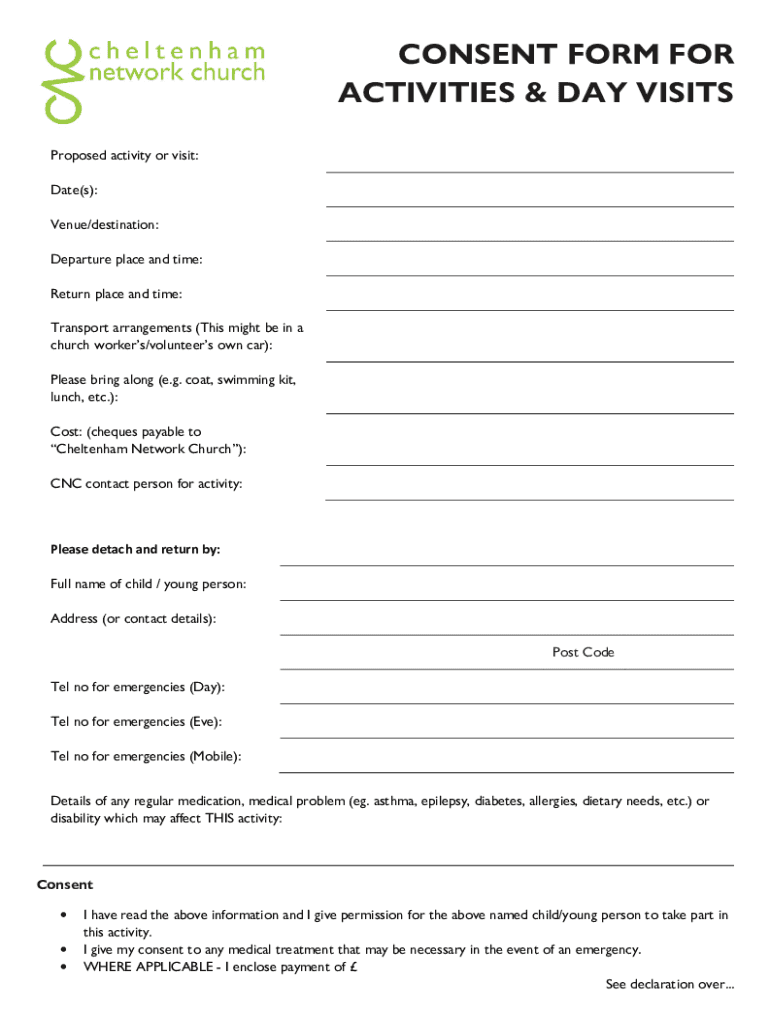 Fillable Online CNC Safeguarding - Consent form for activities and day ...