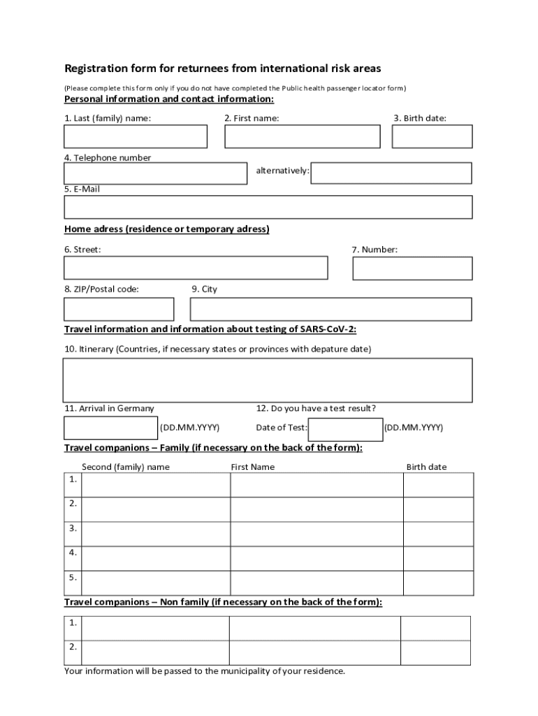 Fillable Online Registration form for returnees from international risk ...
