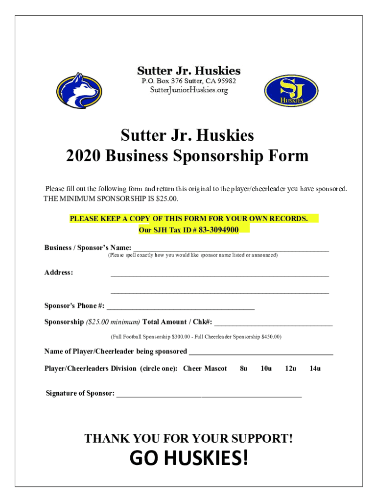 Fillable Online Sutter Jr. Huskies 2017 Individual Sponsorship Form Fax ...