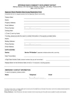 Fillable Online Epperson Ranch Community Gates Access Registration Form ...