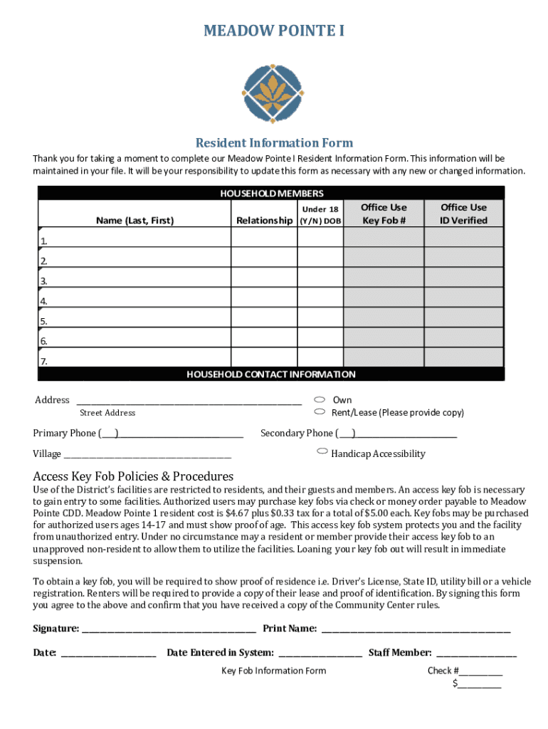 Fillable Online Key Fob Form Application - Resident Information Form ...