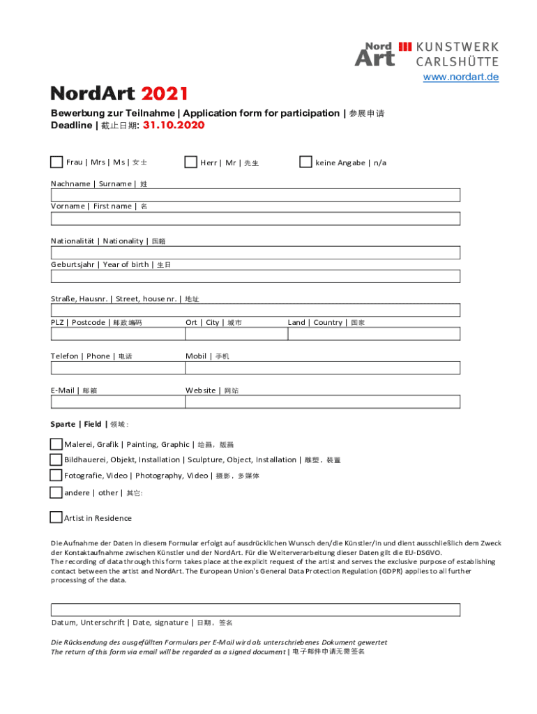 Fillable Online Appl form NordArt2021 - Internationale Kunstausstellung Fax Email Print - pdfFiller