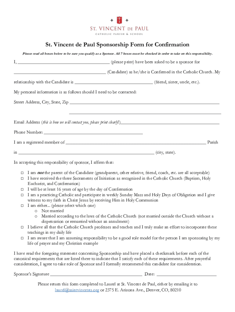 Fillable Online St. Vincent de Paul Sponsorship Form for Confirmation ...