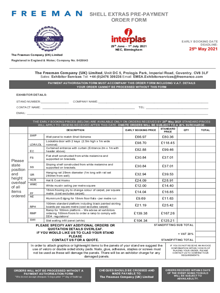 Fillable Online Freeman Shell Scheme Order Form - Interplas Fax Email Print - pdfFiller