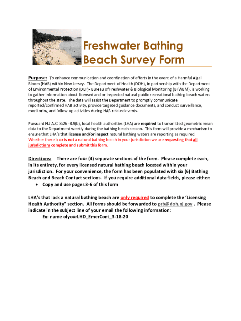 Fillable Online Freshwater Bathing Beach Survey Form Fax Email Print ...