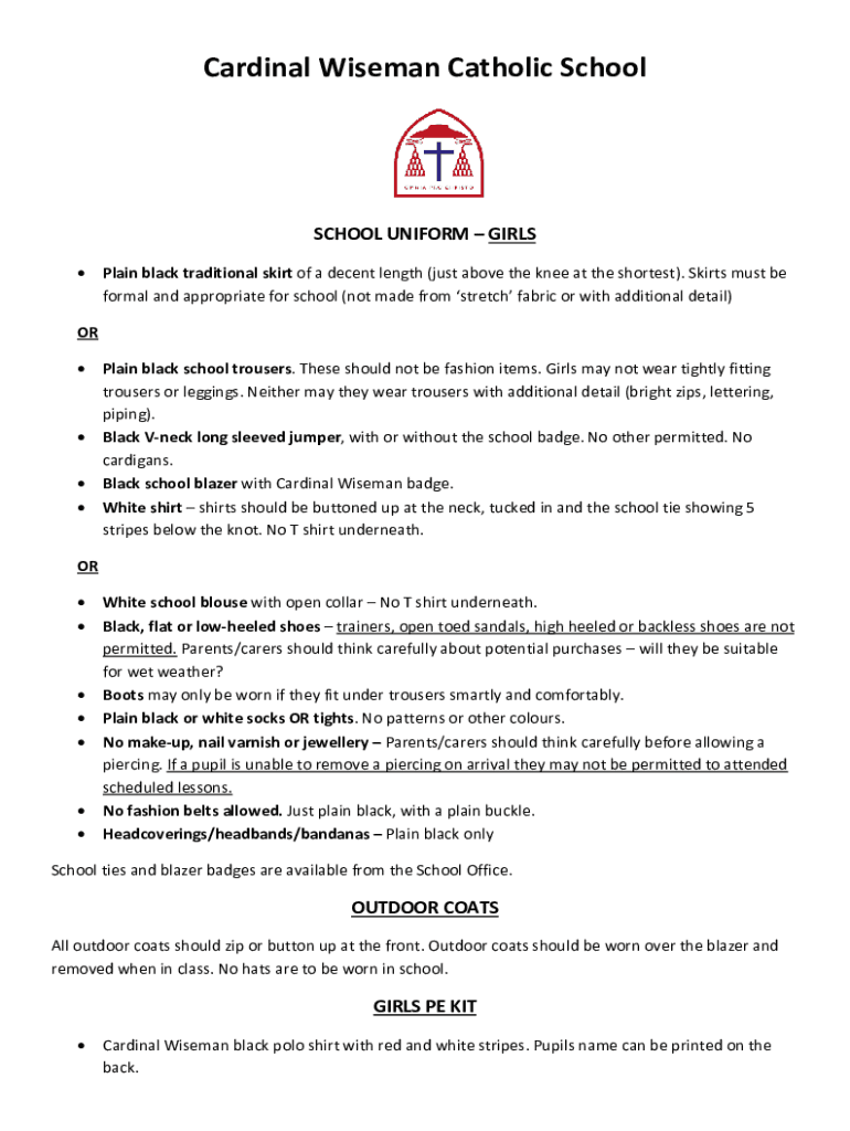 Fillable Online Cardinal Allen Catholic High School Uniform and ...