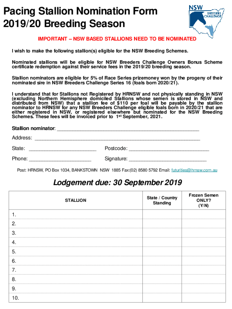 Fillable Online Pacing Stallion Nomination Form 2019/20 Breeding Season ...