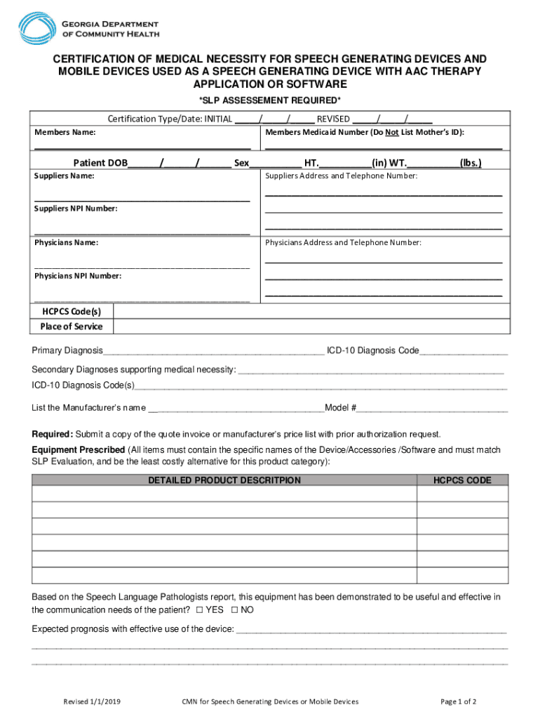 Fillable Online CMN: SPEECH GENERATING DEVICES AND MOBILE DEVICES USED ...