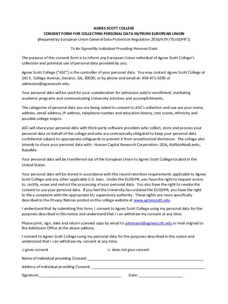 Fillable Online Consent Form for Collecting Personal Data In/From ...