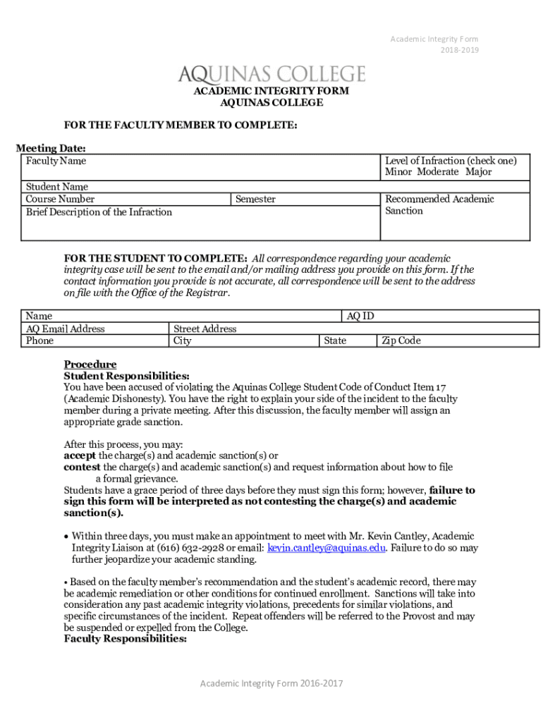 Fillable Online ACADEMIC INTEGRITY FORM AQUINAS COLLEGE FOR THE FACULTY ...