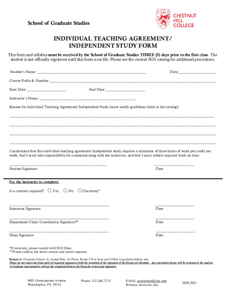 Fillable Online INDIVIDUAL TEACHING AGREEMENT/ INDEPENDENT STUDY FORM Fax Email Print - pdfFiller