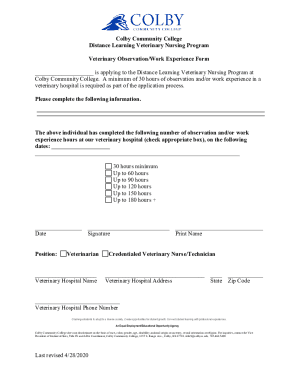 Fillable Online Veterinary Observation/Work Experience FormColby CC ...