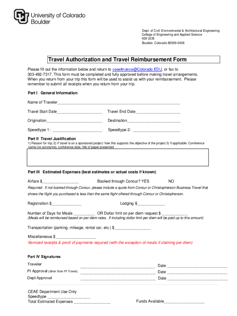 Fillable Online Travel Authorization and Travel Reimbursement Form Fax ...