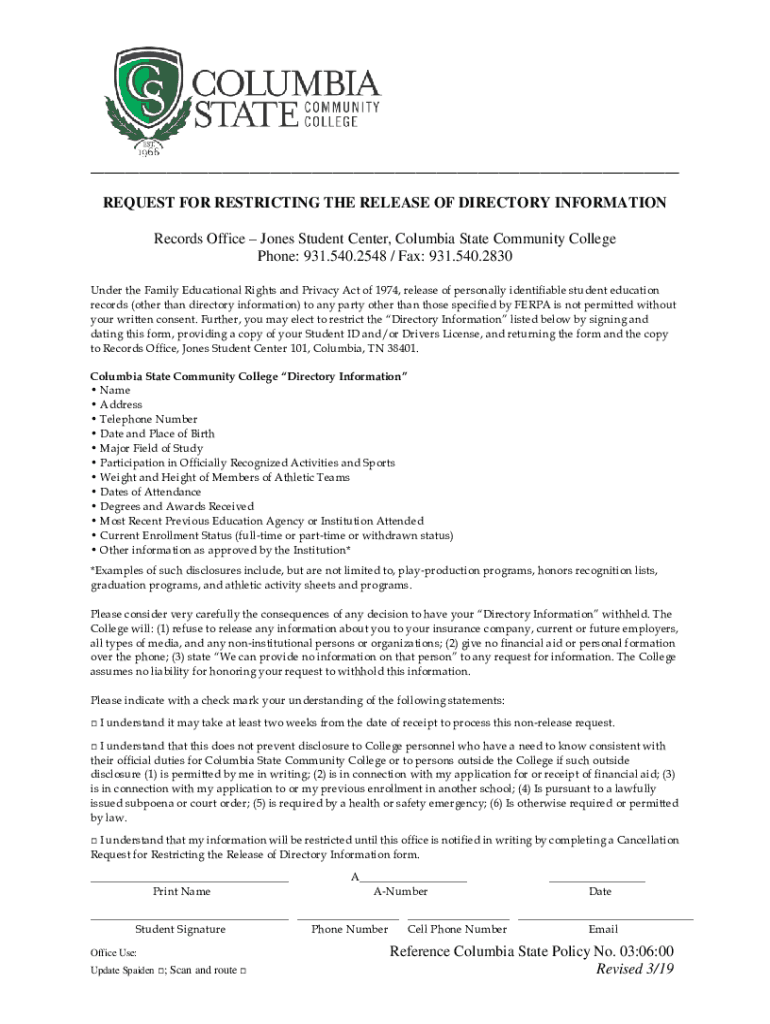 Fillable Online Request for Restricting the Release of Information Fax ...
