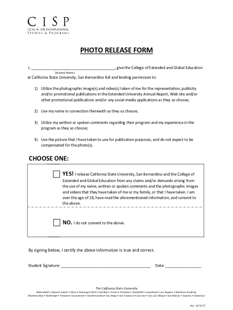 Fillable Online PHOTO RELEASE FORM - California State University, San ...